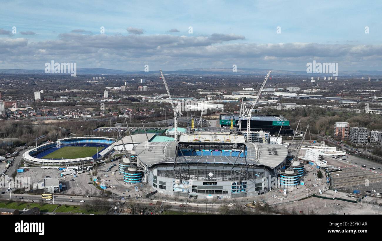 An aerial view of the Etihad Stadium showing the extension works to the ...
