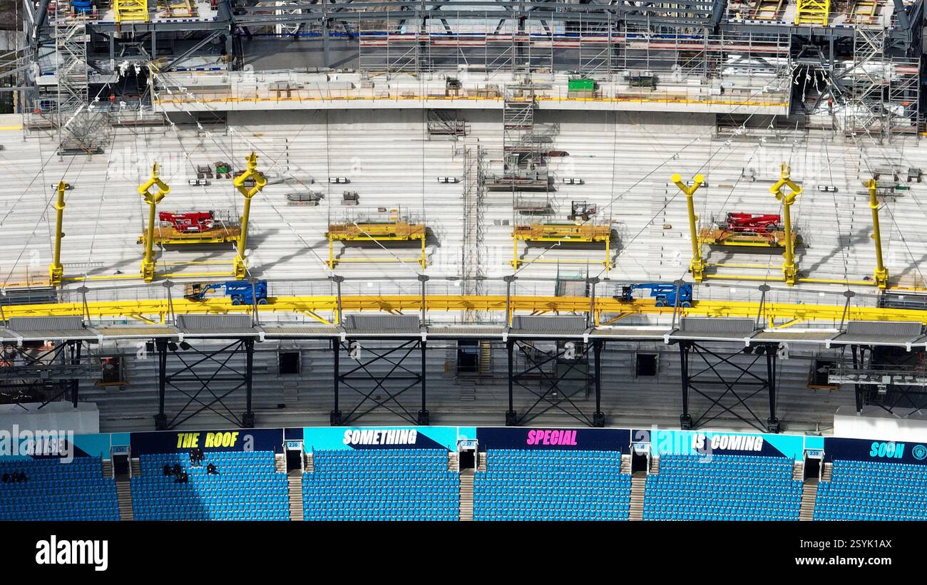An aerial view of the Etihad Stadium showing the extension works to the ...
