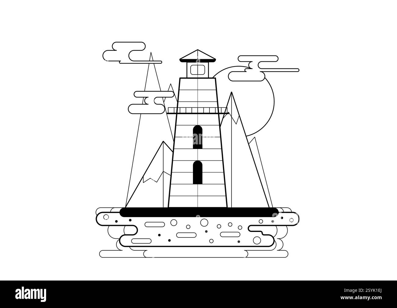 A tall lighthouse rises above waves, surrounded by stylized mountains ...