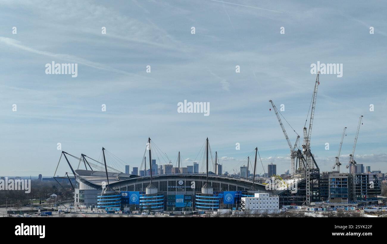 An aerial view of the Etihad Stadium showing the extension works to the ...