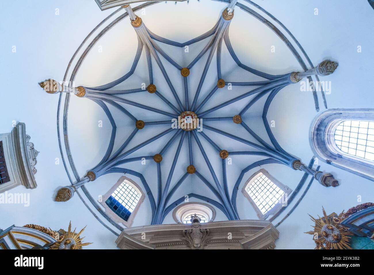 An intricate vaulted ceiling with a star-shaped pattern, featuring blue ...