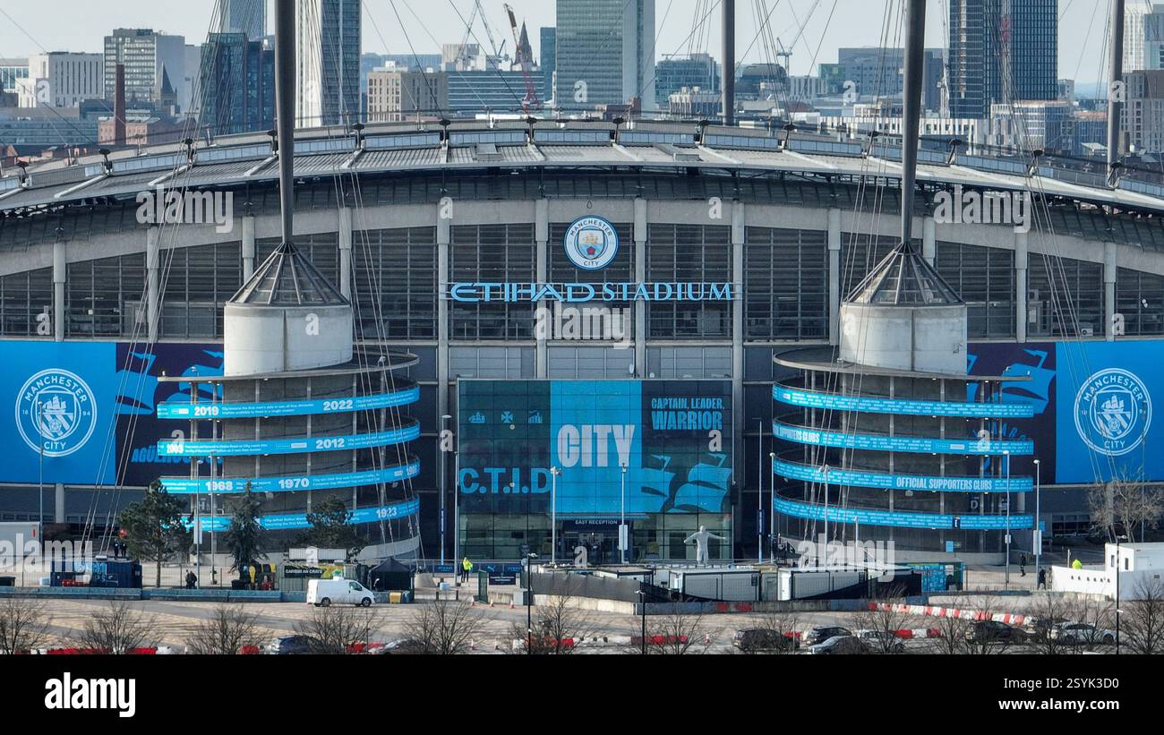 An aerial view of the Etihad Stadium showing the extension works to the ...