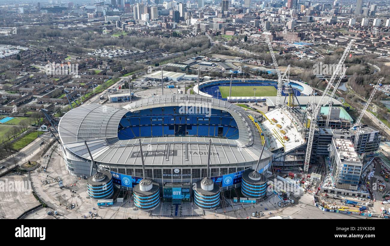 An aerial view of the Etihad Stadium showing the extension works to the ...