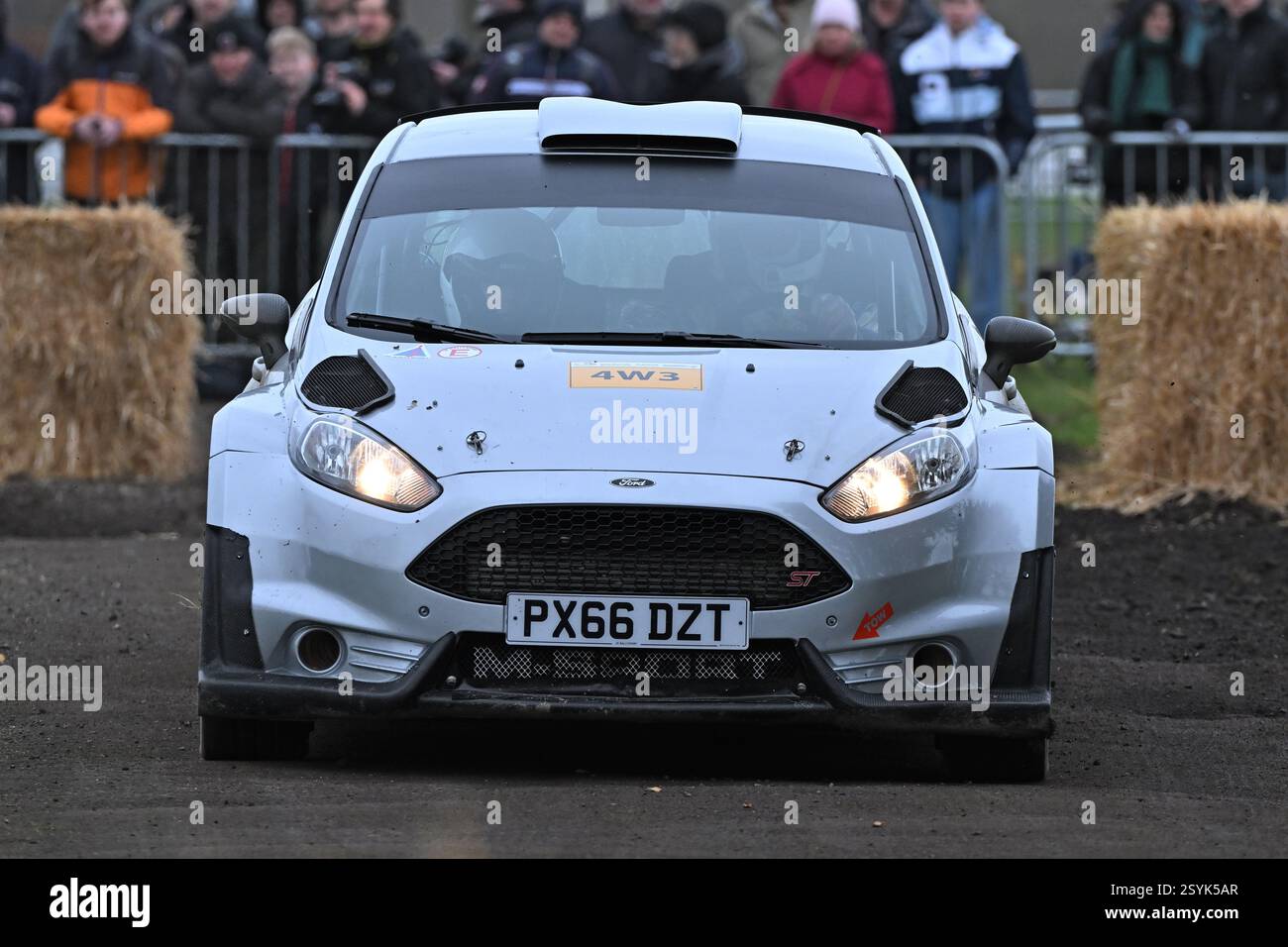 Pete Robinson, Ford Fiesta R5, 4WD Group, Live Rally Stage at Race Retro, dodging straw bales on ...