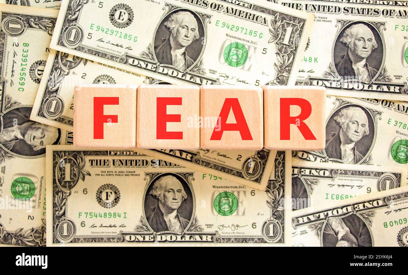 Fear symbol. Concept word Fear on beautiful wooden blocks. Dollar bills ...