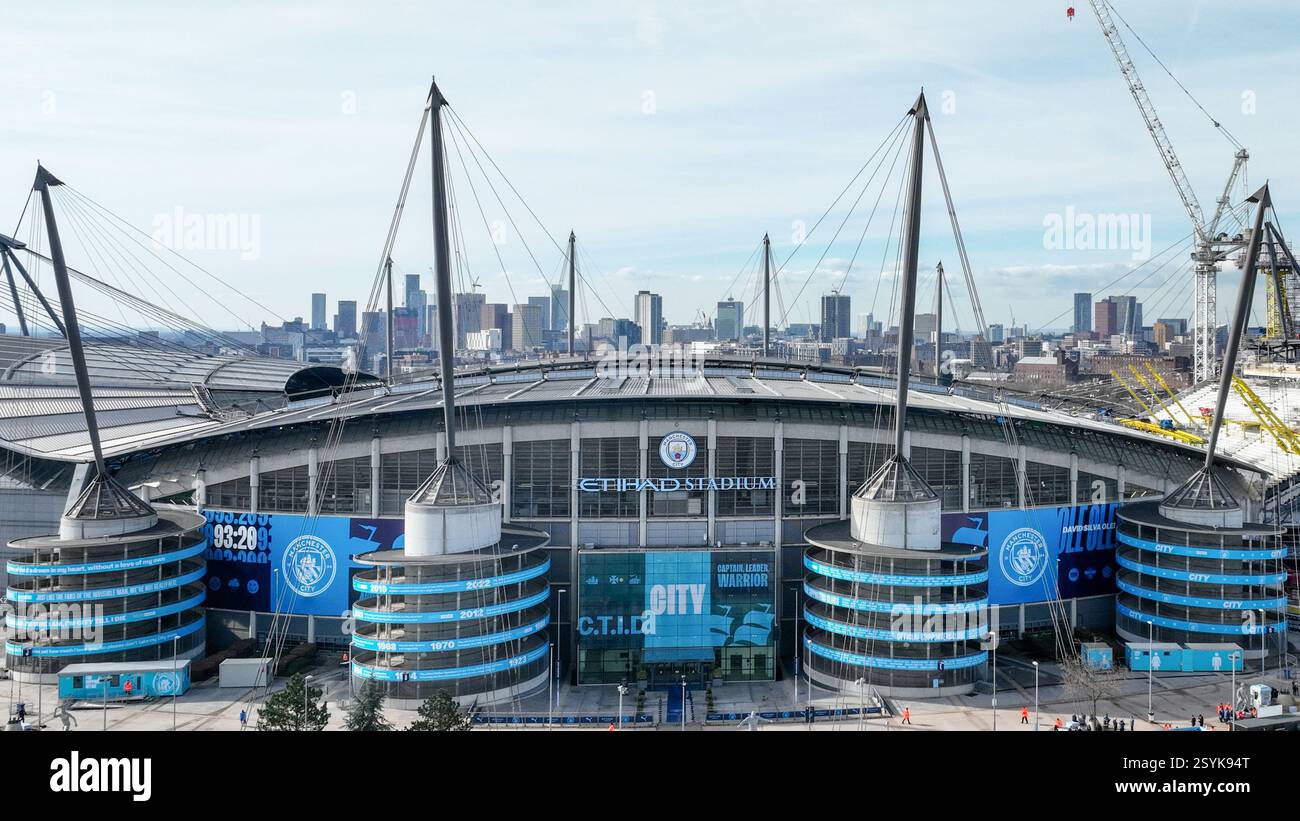 Manchester, UK. 01st Mar, 2025. An aerial view of the Etihad Stadium ...