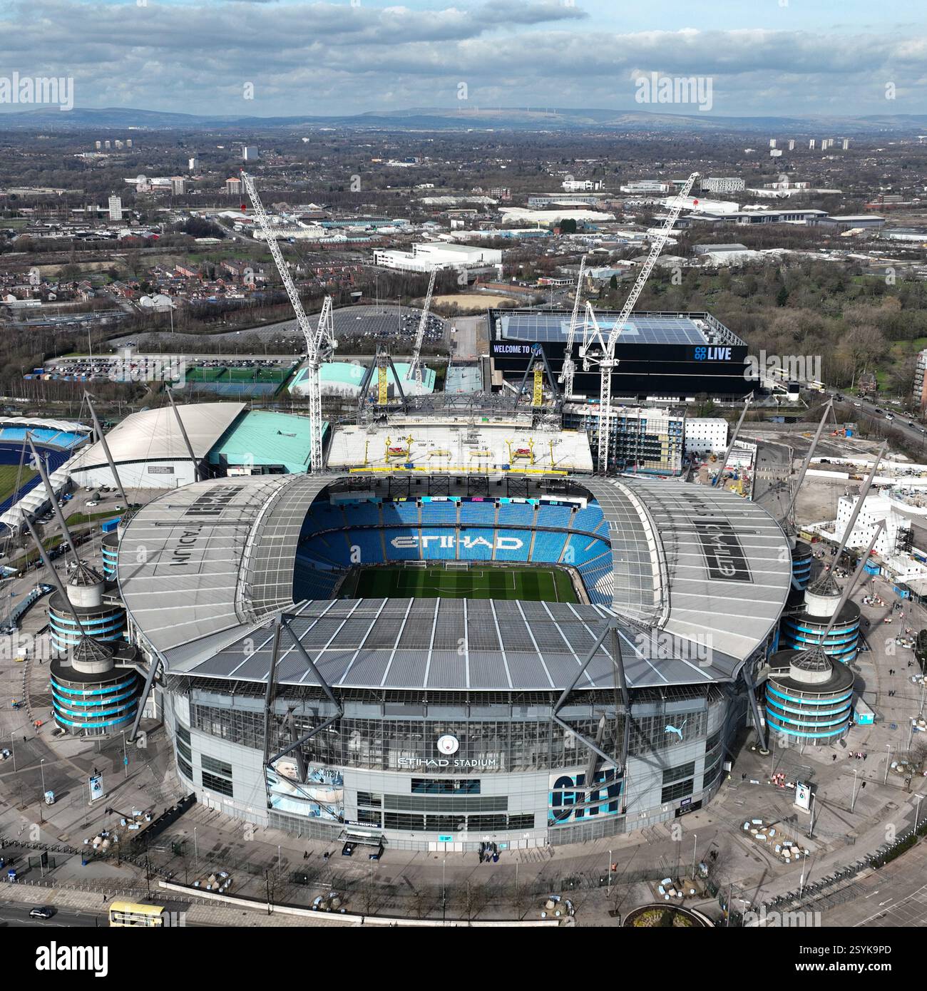 Manchester, UK. 01st Mar, 2025. An aerial view of the Etihad Stadium ...