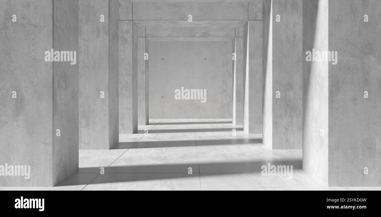 Abstract empty, modern concrete room with pillar frames, sunlight from ...