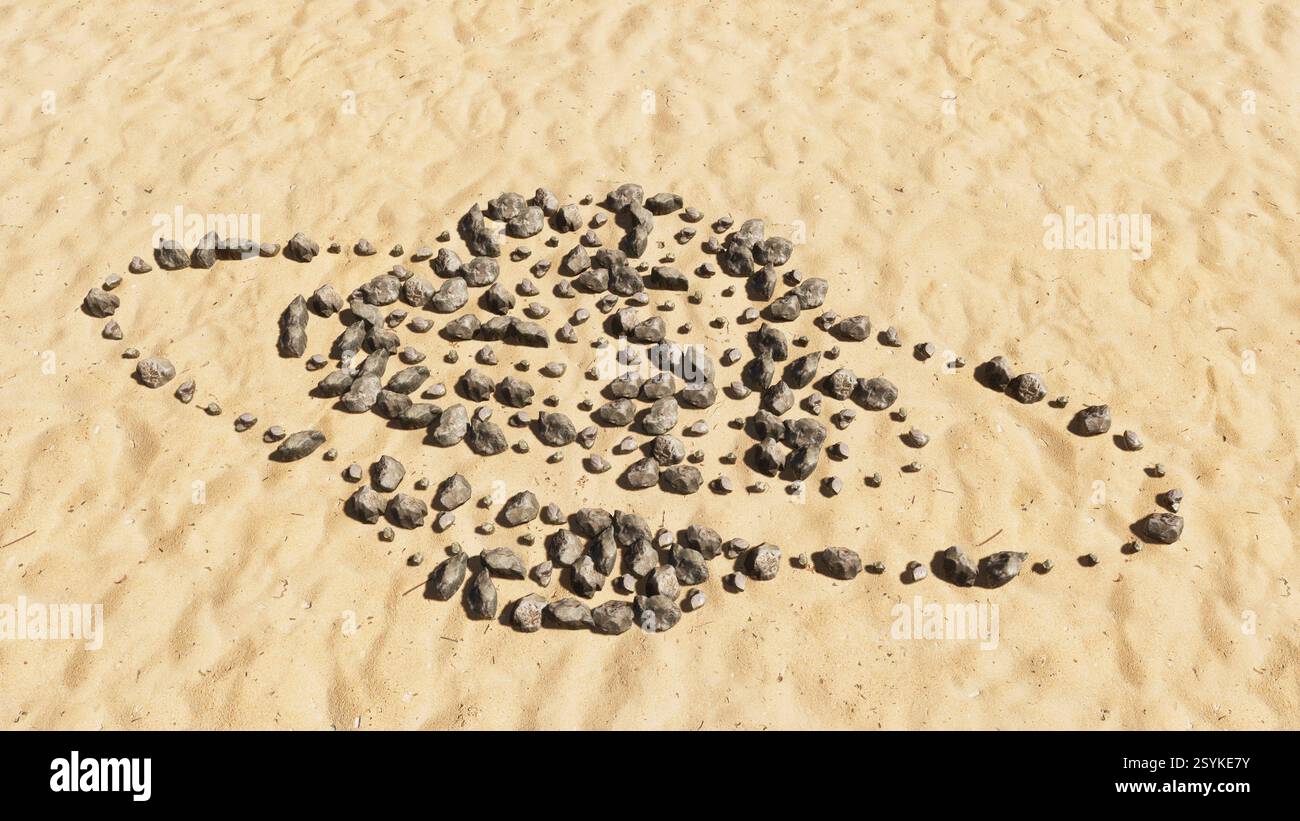 Concept conceptual stones on beach sand handmade symbol shape, golden ...