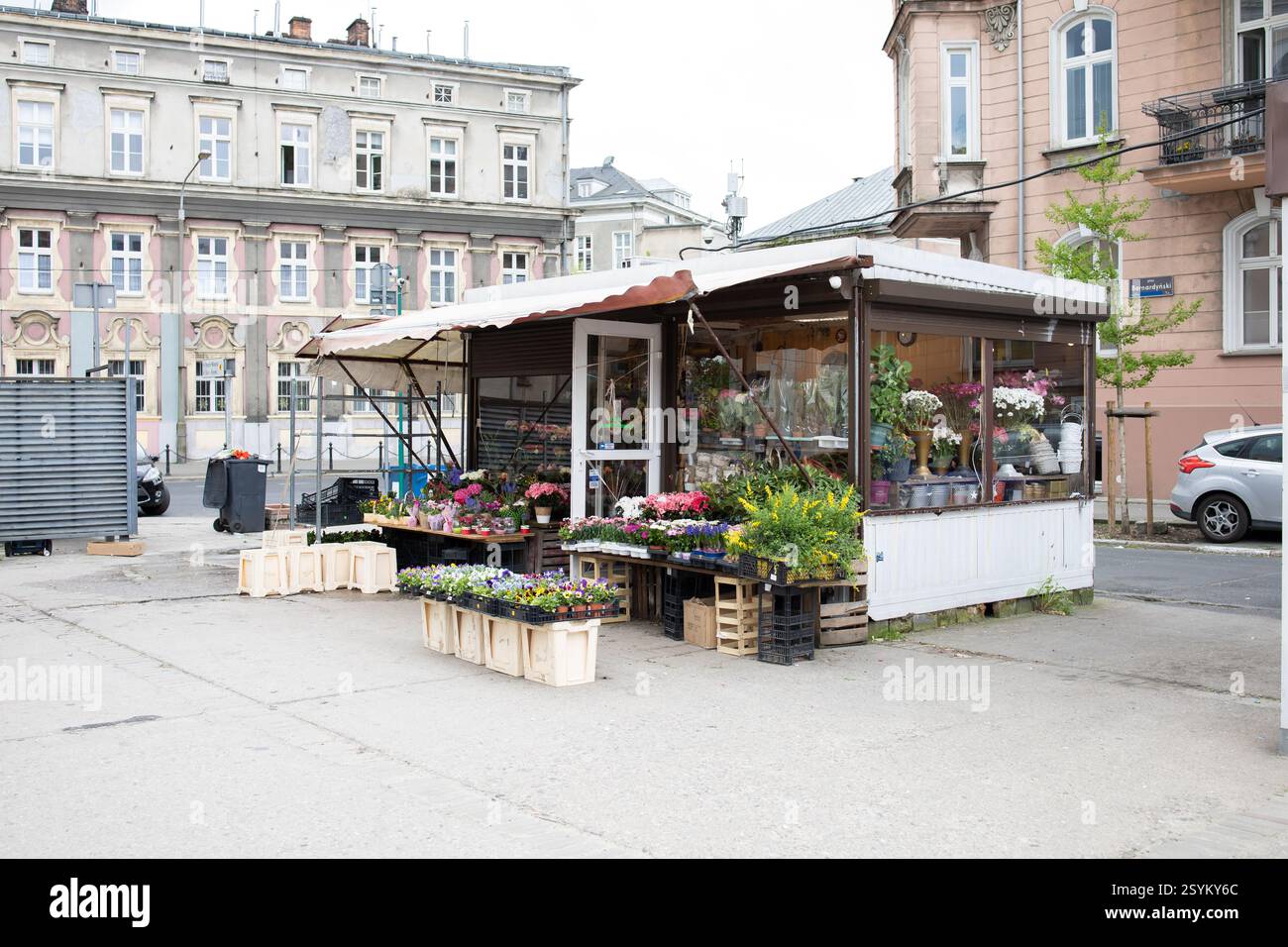 Private old flower shop on Bernandynski square in Poznan, Poland Stock ...