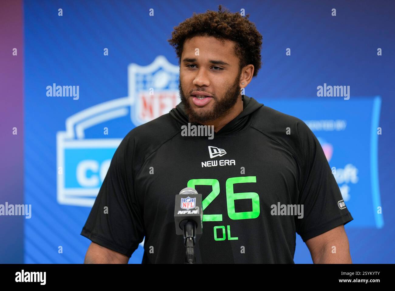 Purdue offensive lineman Marcus Mbow speaks during a press conference ...