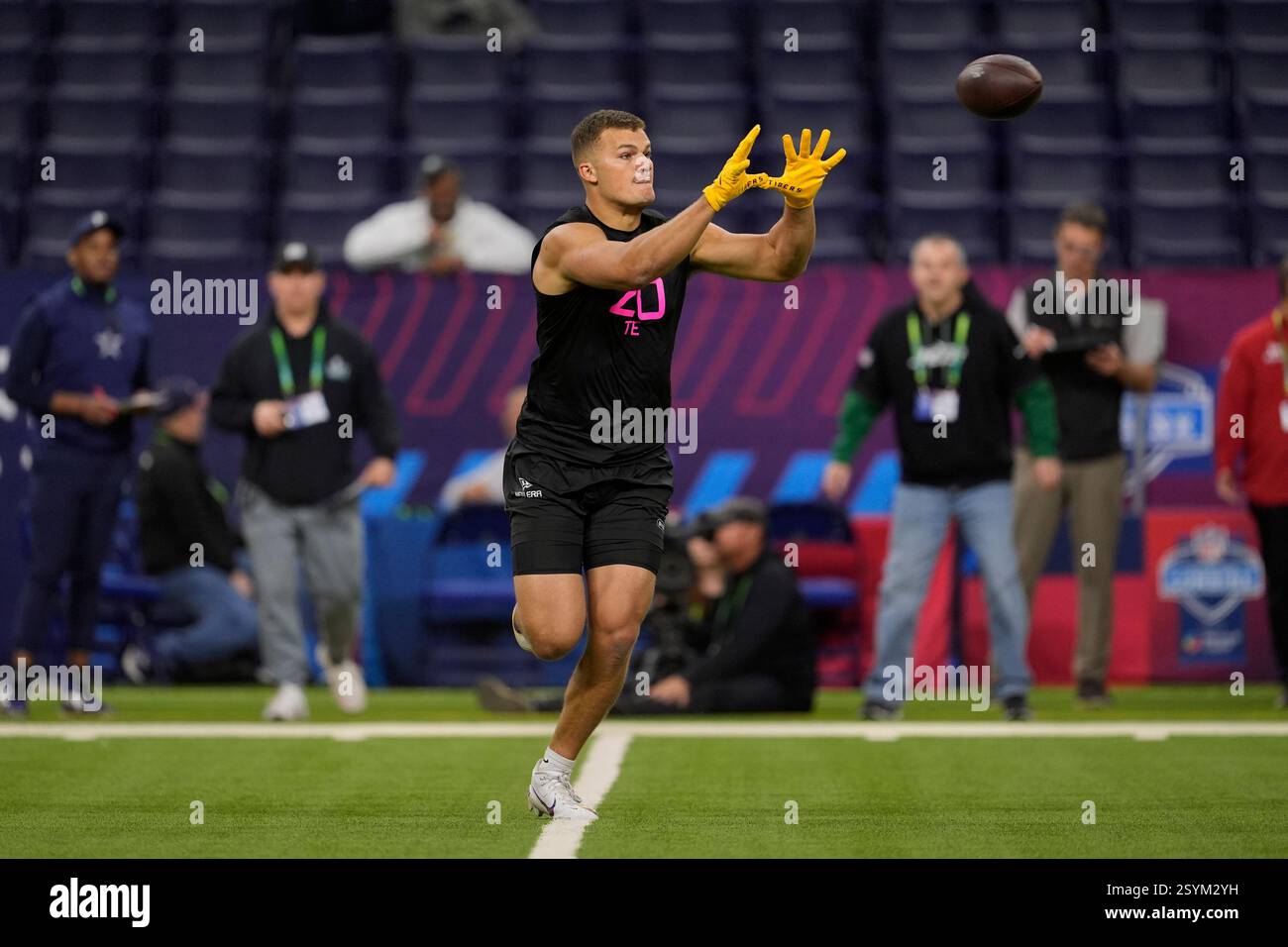 LSU tight end Mason Taylor runs a drill at the NFL football scouting ...