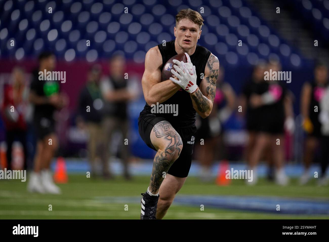 Nebraska tight end Thomas Fidone II runs a drill at the NFL football ...