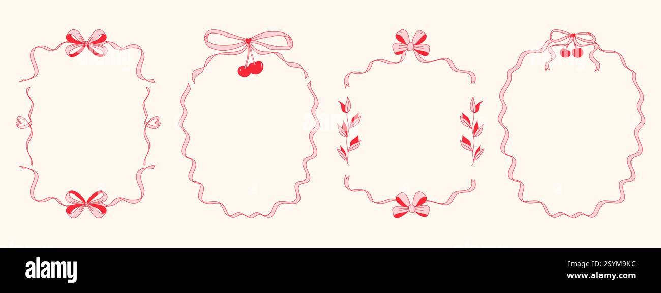 Bows ribbons border set. Trendy frames with wavy lines and bows. Hand ...
