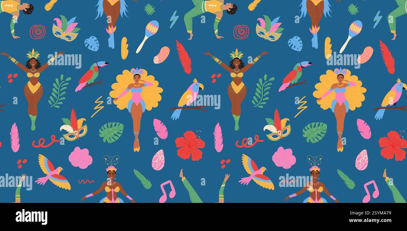 Brazil carnival seamless pattern. Masks, exotic bird, dancing people ...