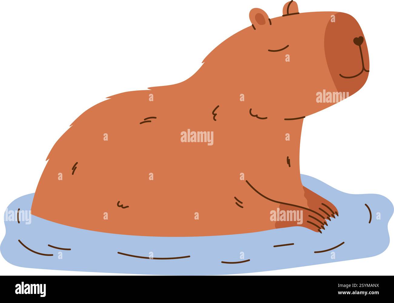 Funny capybara. Exotic rodent enjoys swimming in pond. Hand drawn ...