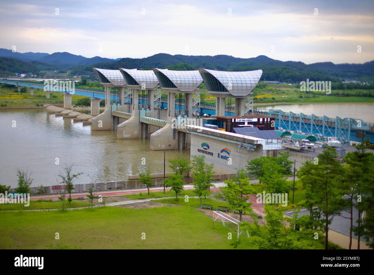 Buyeo County, South Korea - May 27, 2021: Baekje Weir regulates the ...