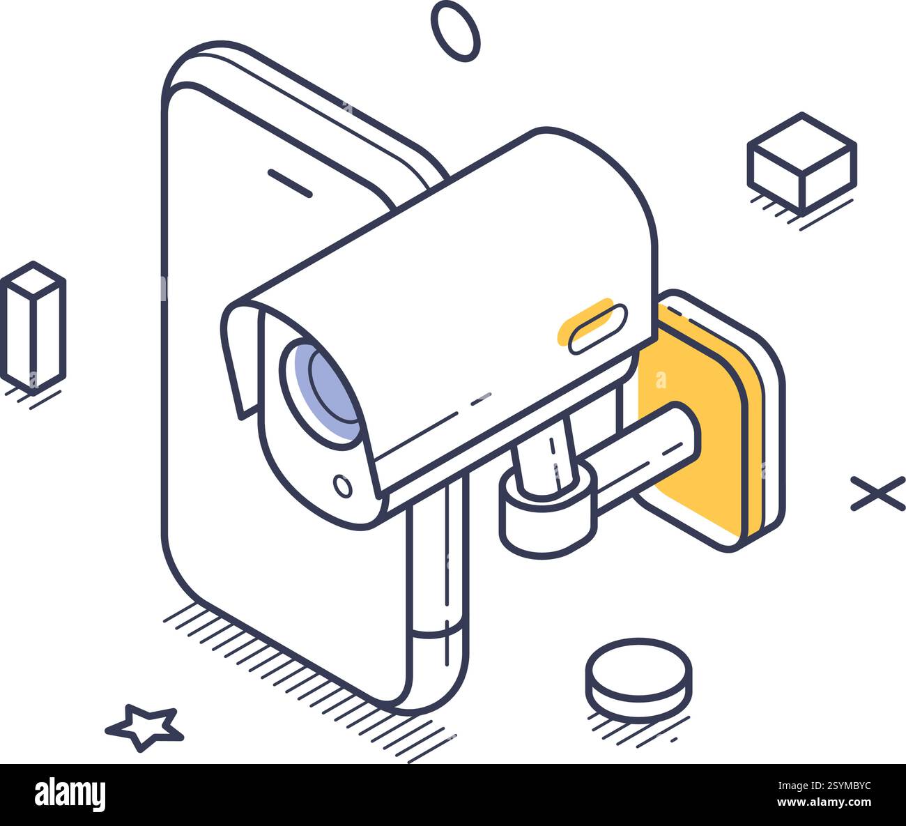 Isometric line art representation of a camera attached to a smartphone ...
