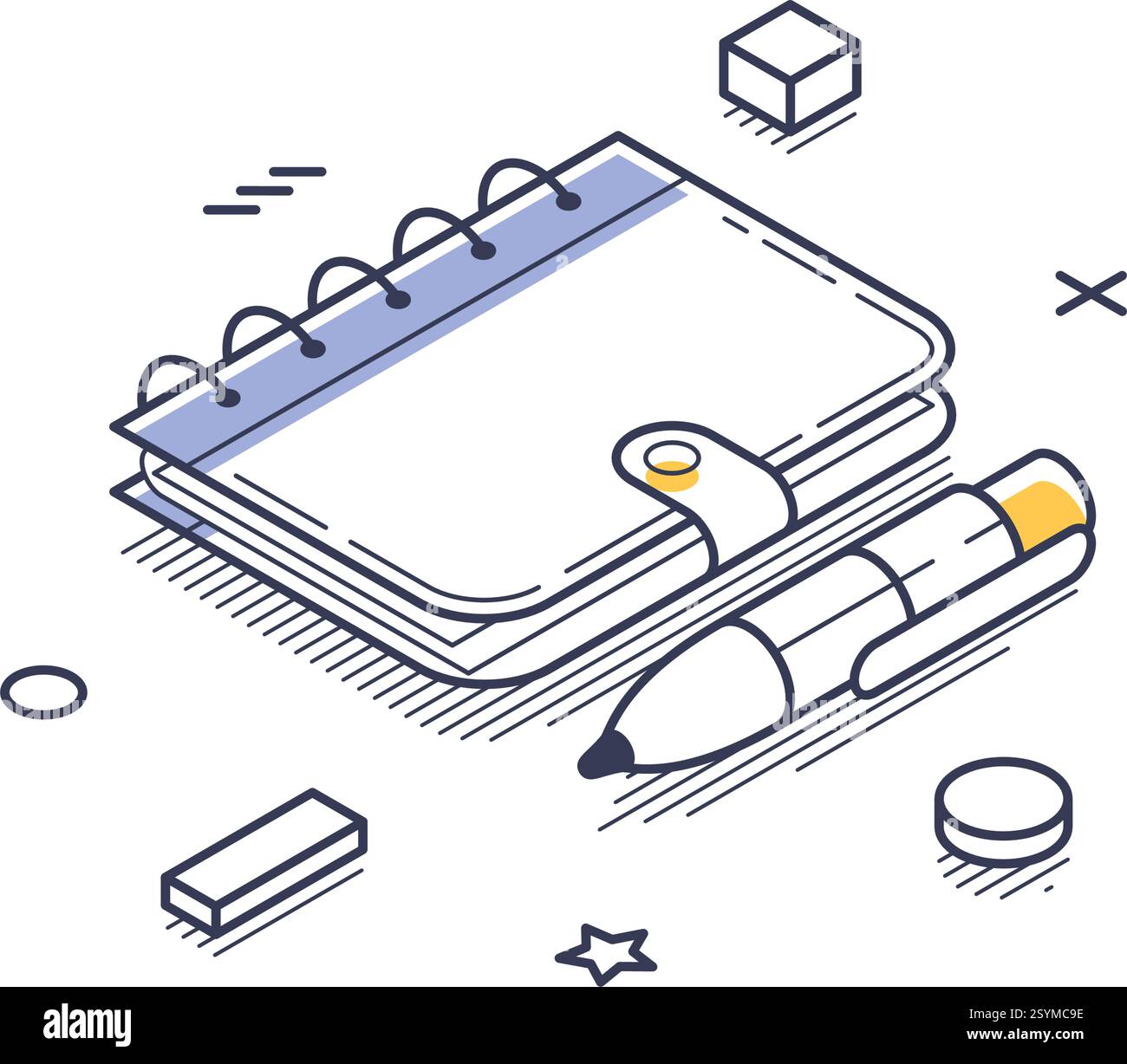 Isometric line art icon of a notebook and pen, symbolizing online ...