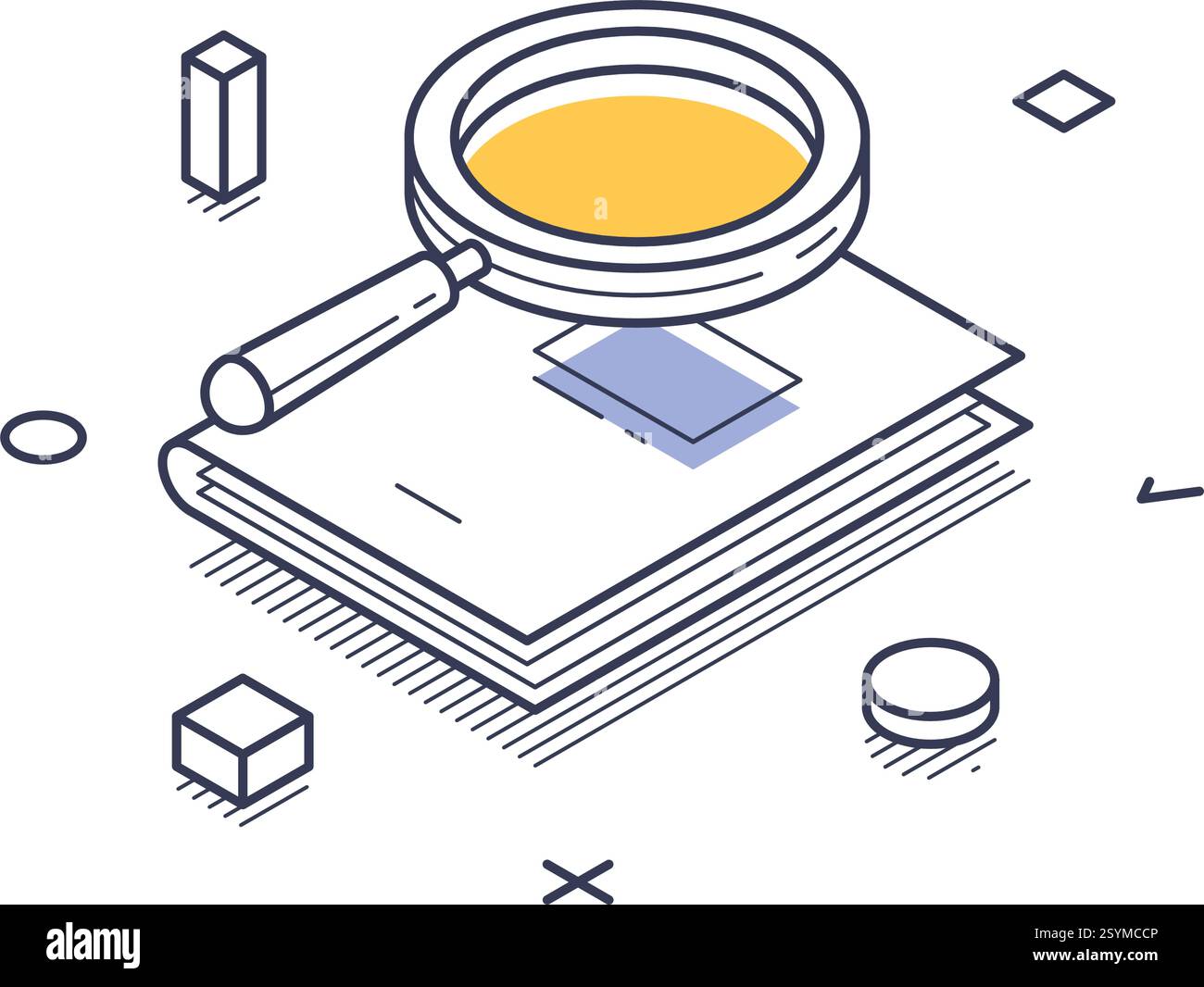 Isometric line art icon representing online education with a magnifying glass over a book ...