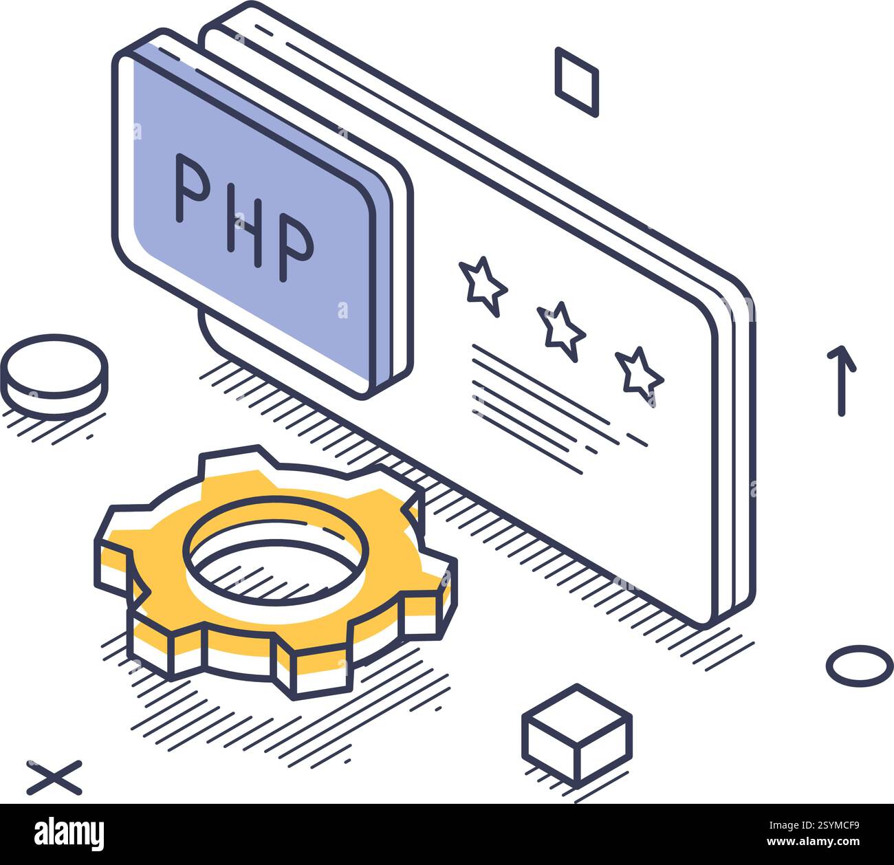 Isometric Line Art Icon Representing Web Development It Features A Php Badge Alongside A Yellow