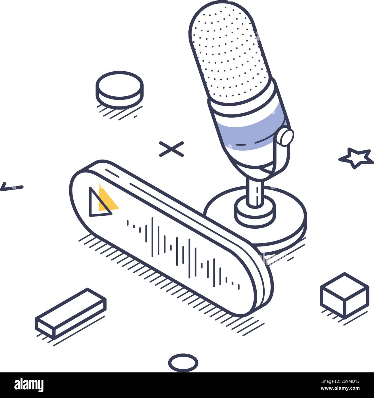 Detailed isometric line art showcasing elements used in content creation, including a microphone ...