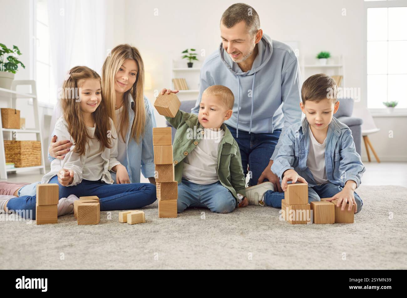 Big happy family of five, caring happy mother, father, three children ...