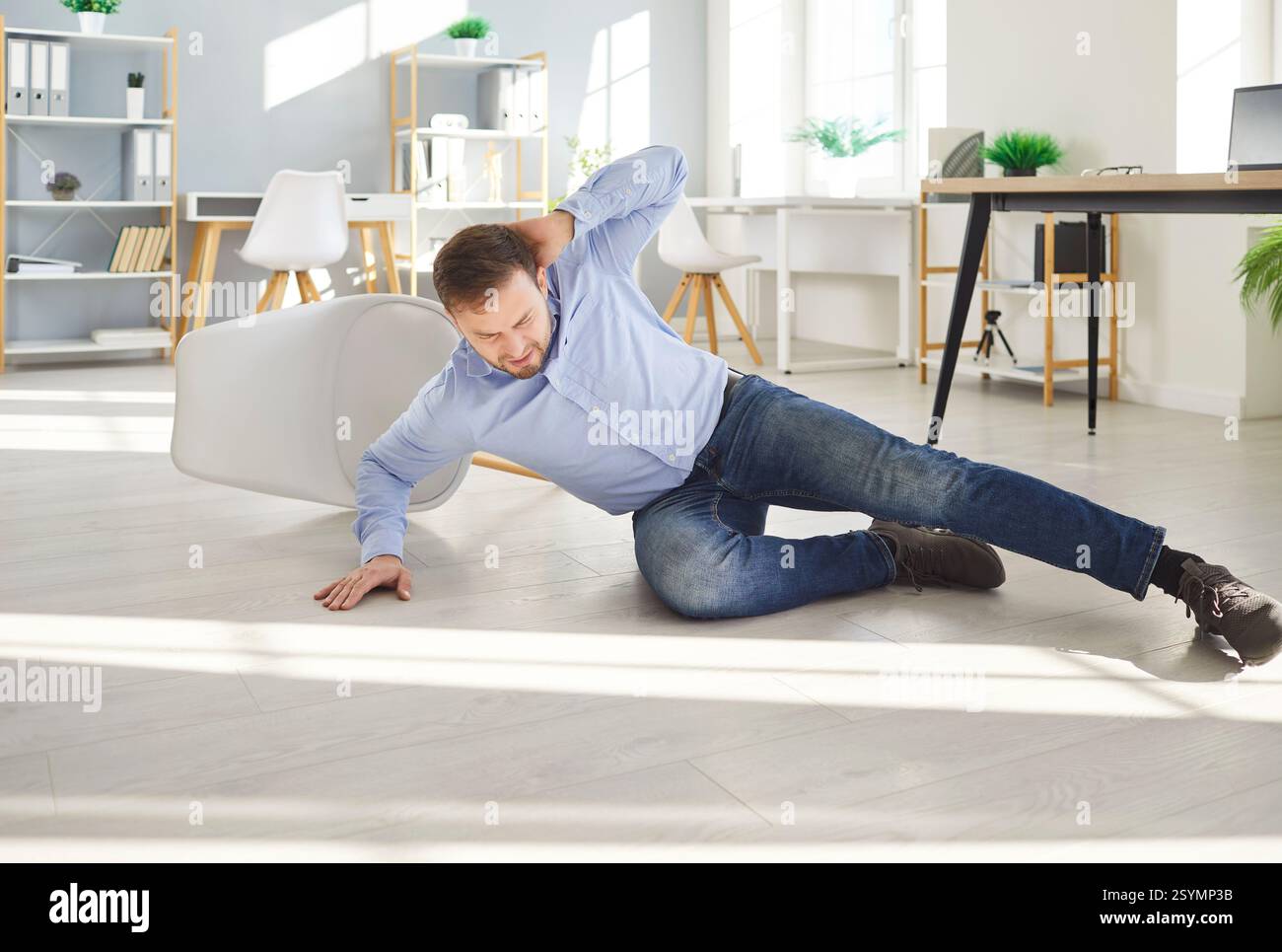 Traumatic home injury, suddenly fall for unhappy unwell man floor ...