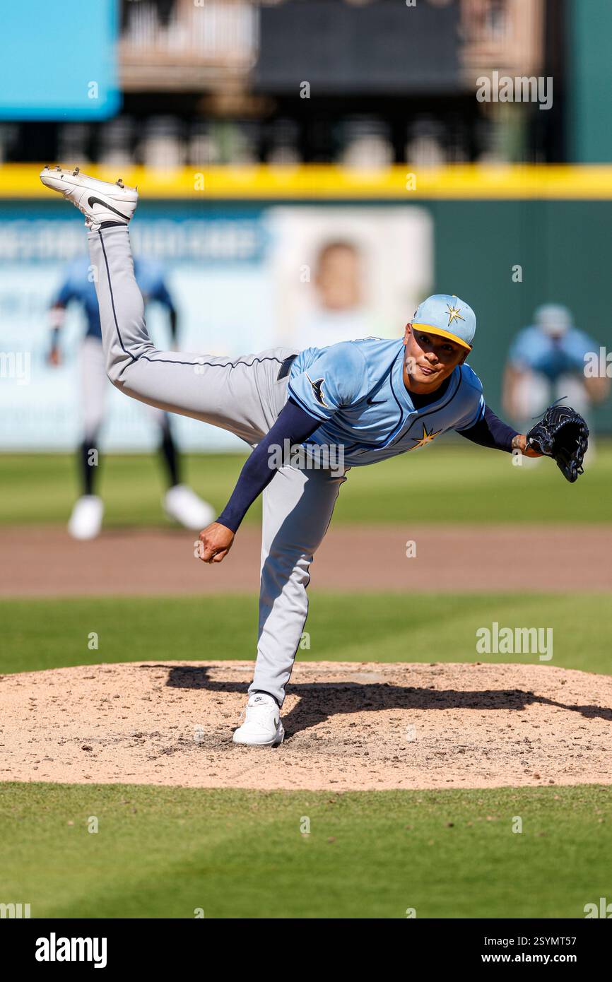 Bradenton, FL: Tampa Bay Rays pitcher Manuel Rodríguez (39) delivers a ...