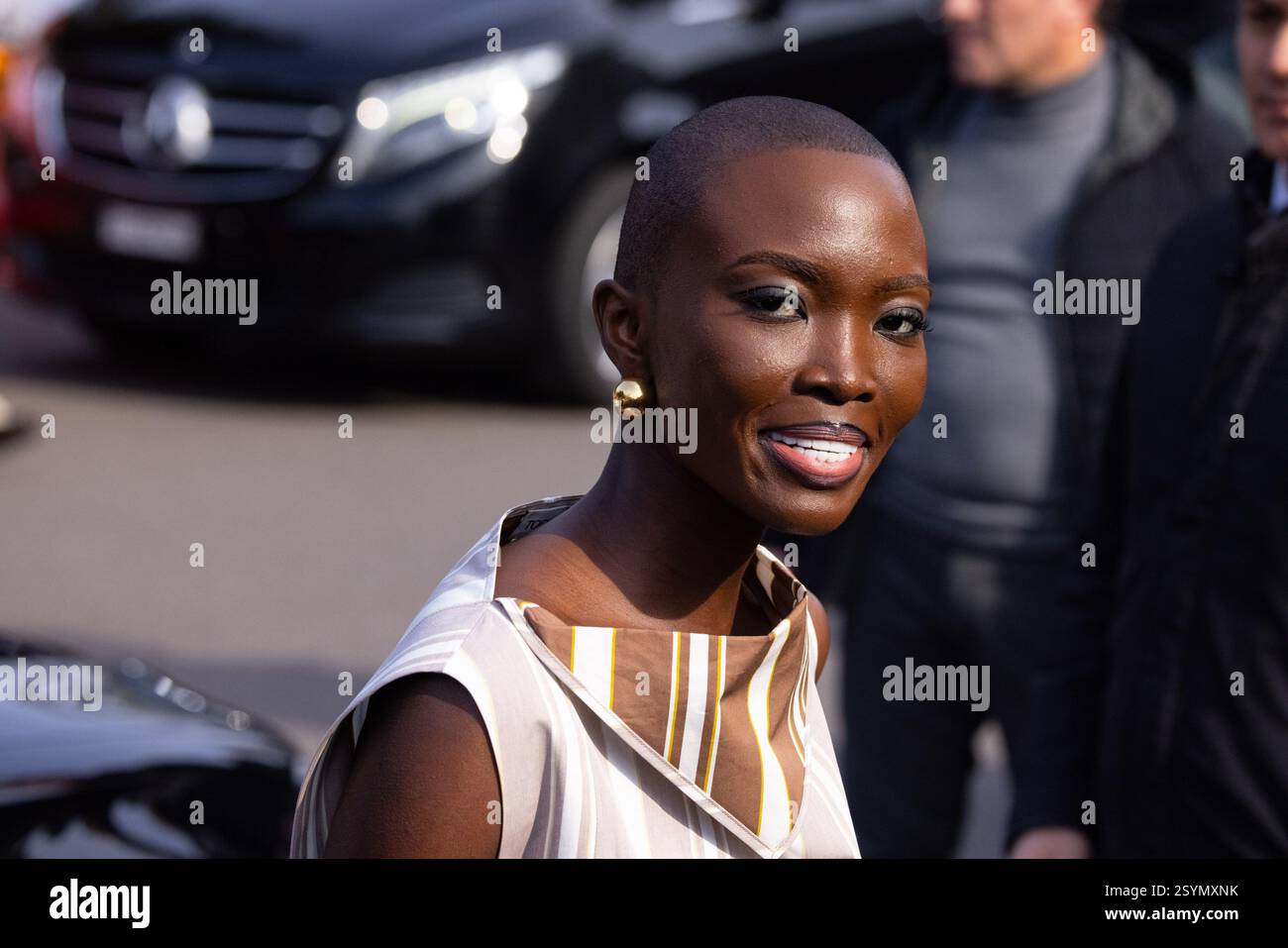 Amina Seck is seen arriving at the Tod's fashion show during the Milan ...