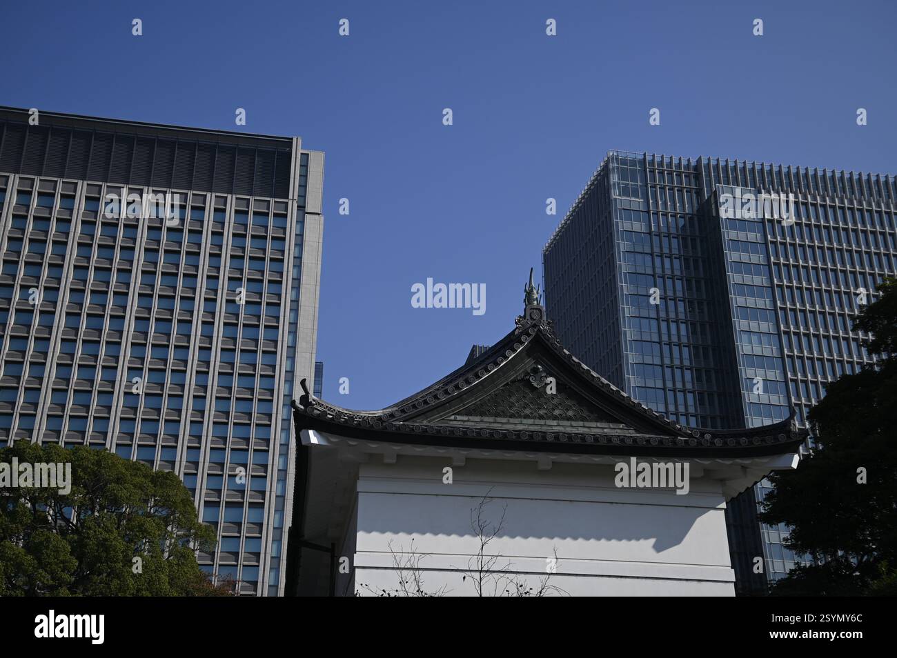 Scenic view of modern solemn style skyscrapers and Hibiya Shrine along ...