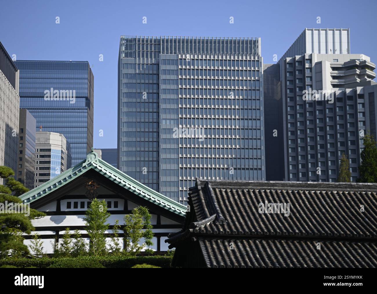 Scenic view of modern solemn style skyscrapers and Hibiya Shrine along ...