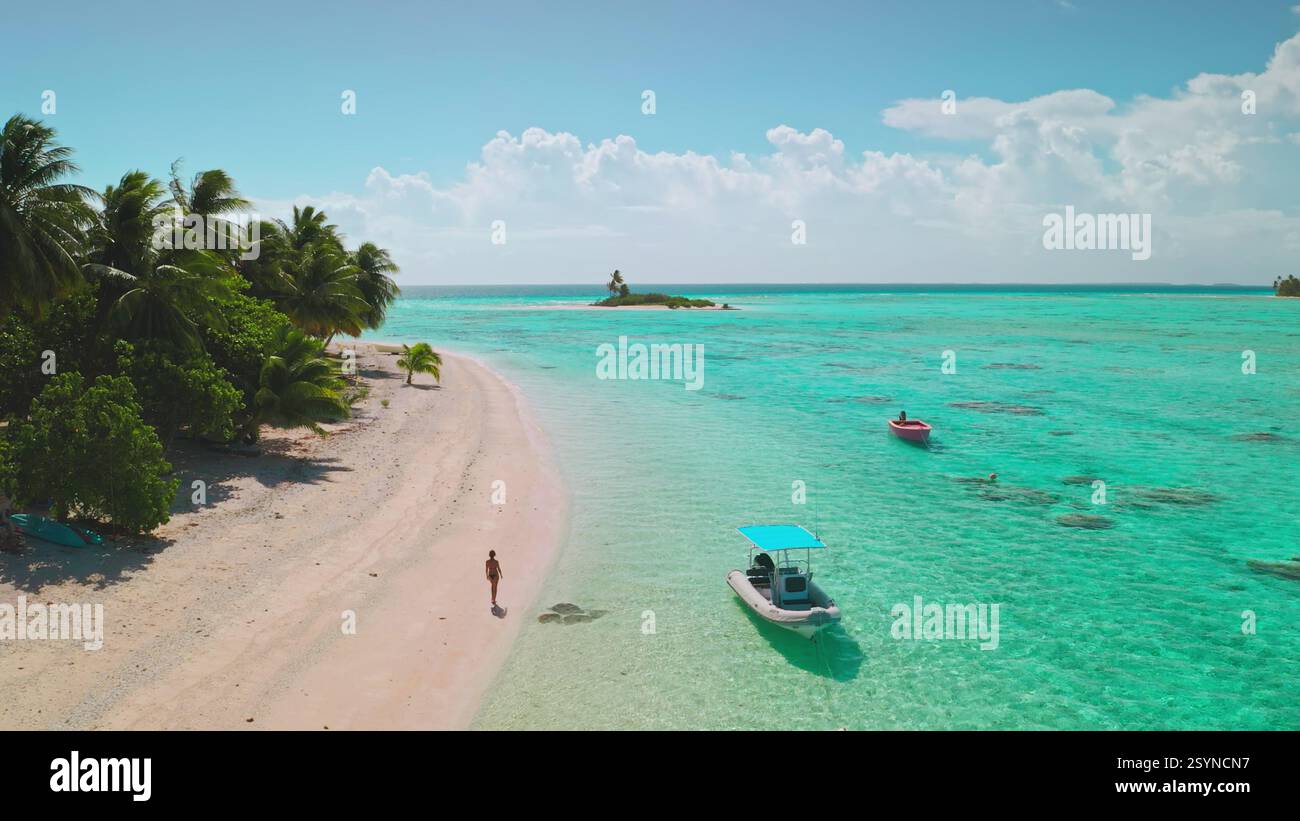 Lone woman walks along a pristine pink sand beach on a remote tropical ...