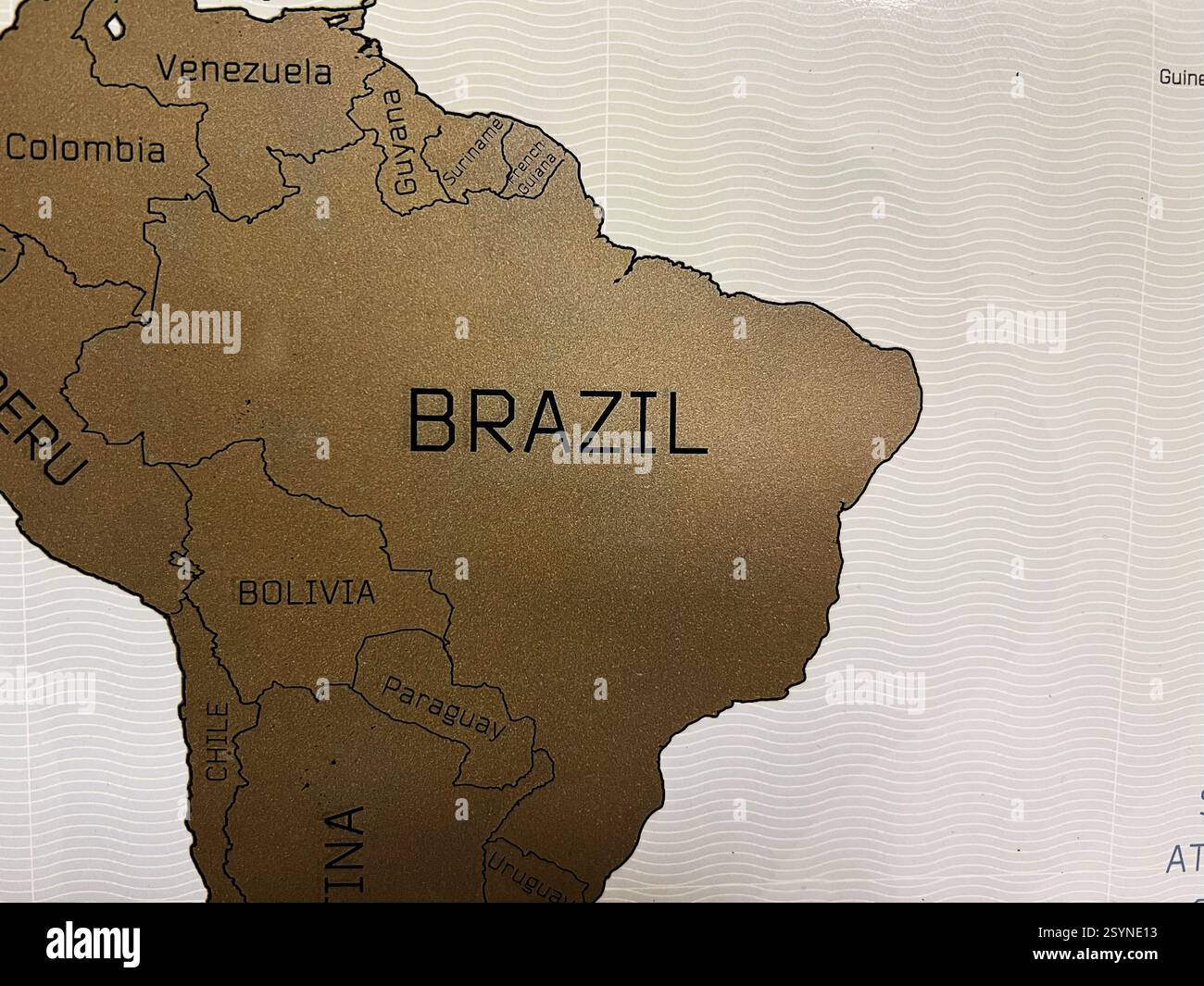 Detailed depiction of Brazil and neighboring countries on a golden ...