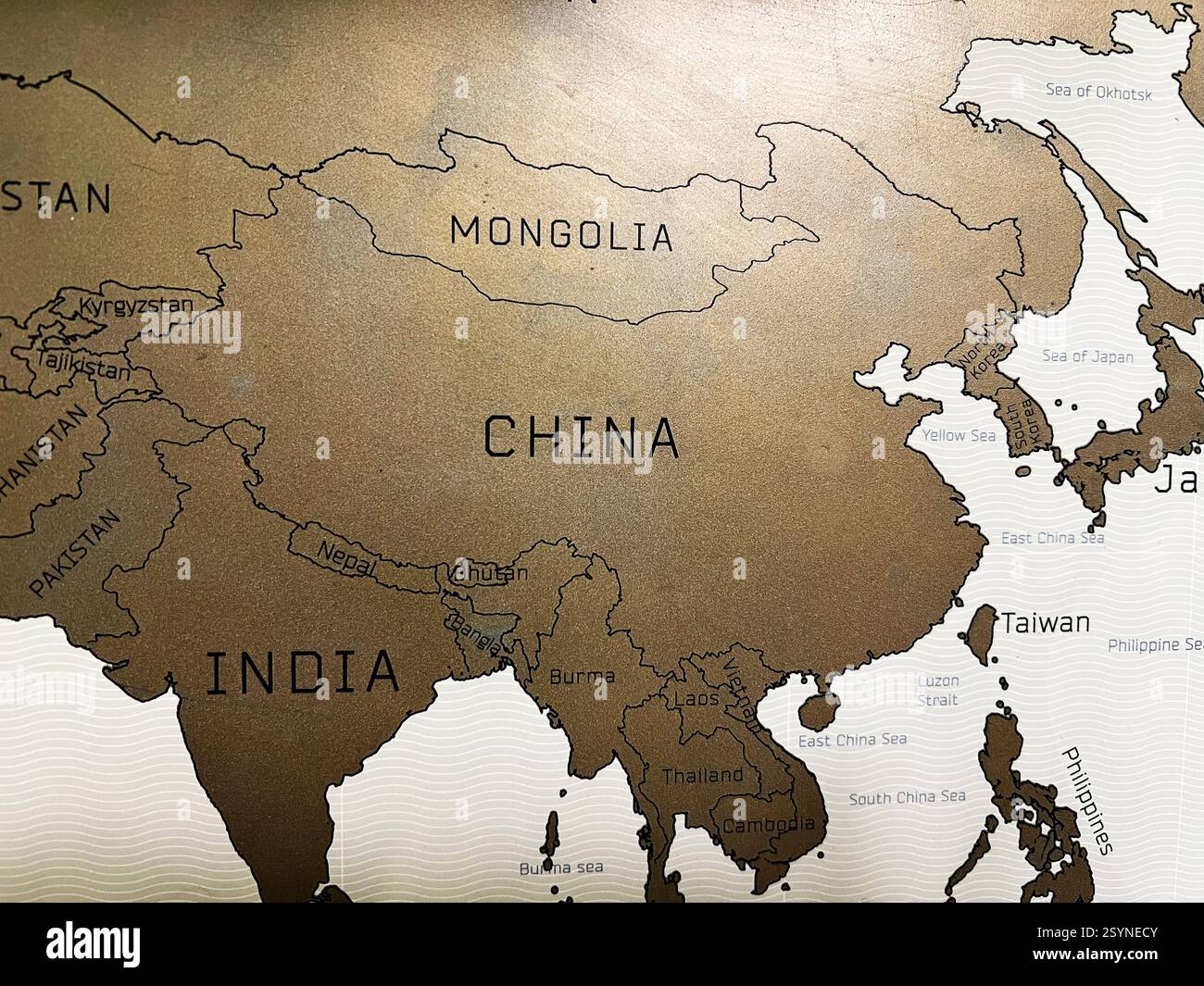 Map of East Asian countries and seas displayed with bold text and ...