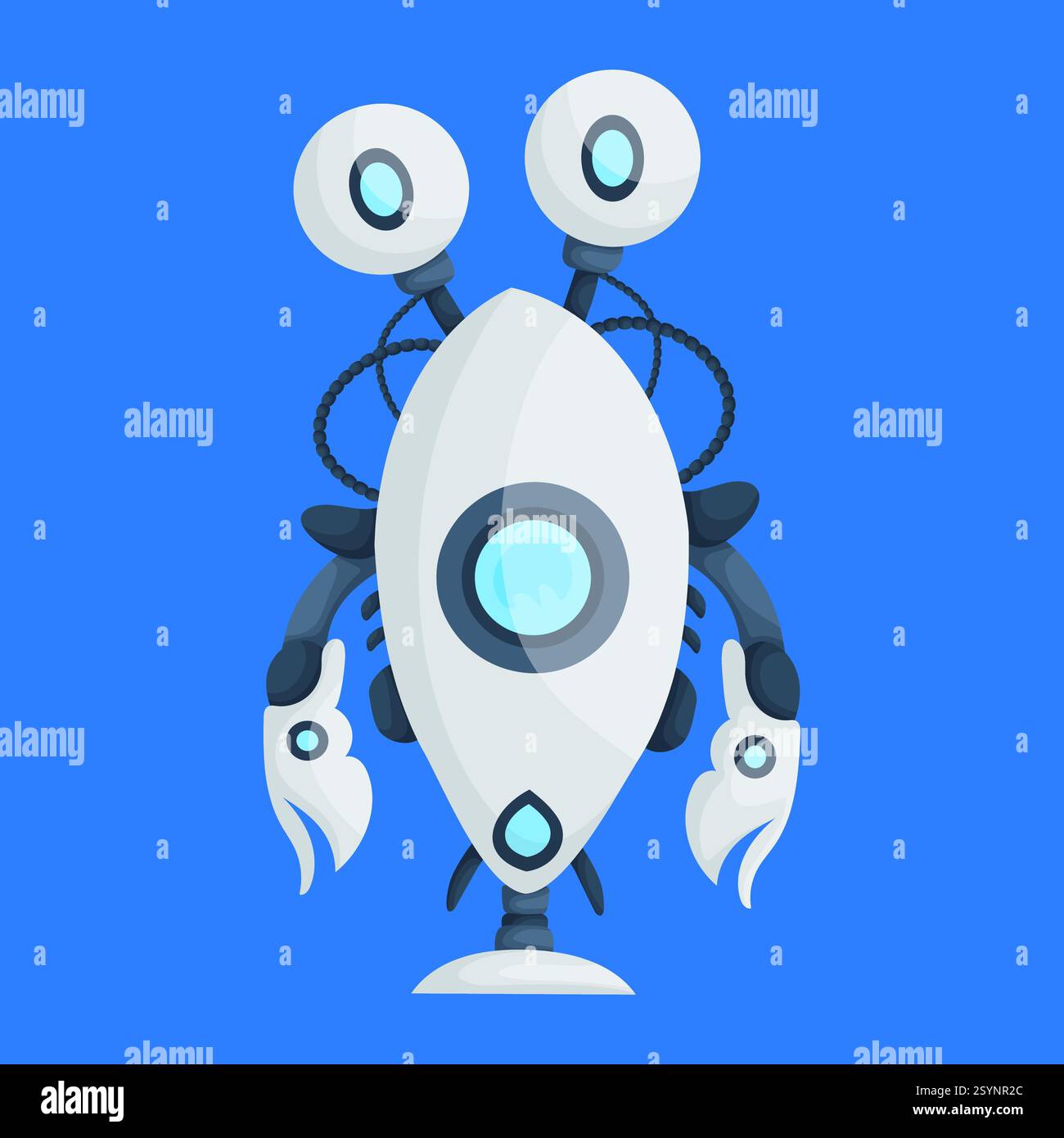 Cartoon illustration of a futuristic robot featuring an oval body, large antennae, claw hands ...