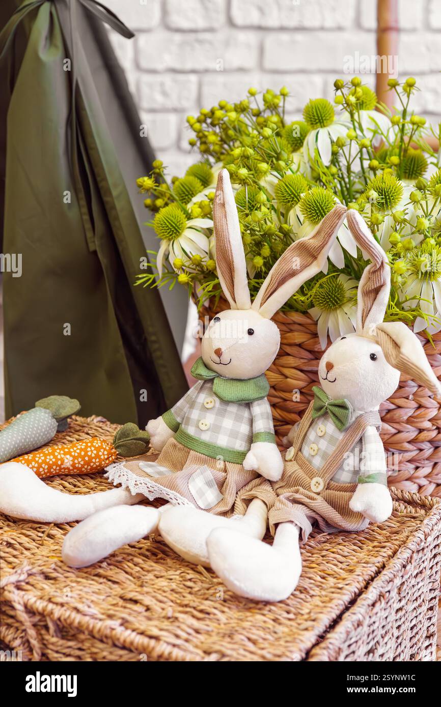 Two handmade plush toy bunnies, rabbits with decorative carrots on ...