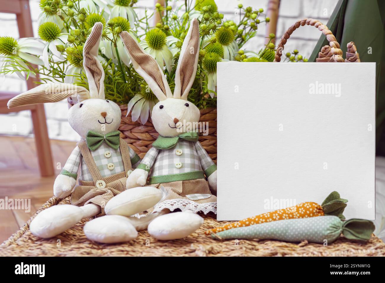 Two handmade plush toy bunnies, rabbits with decorative carrots and ...