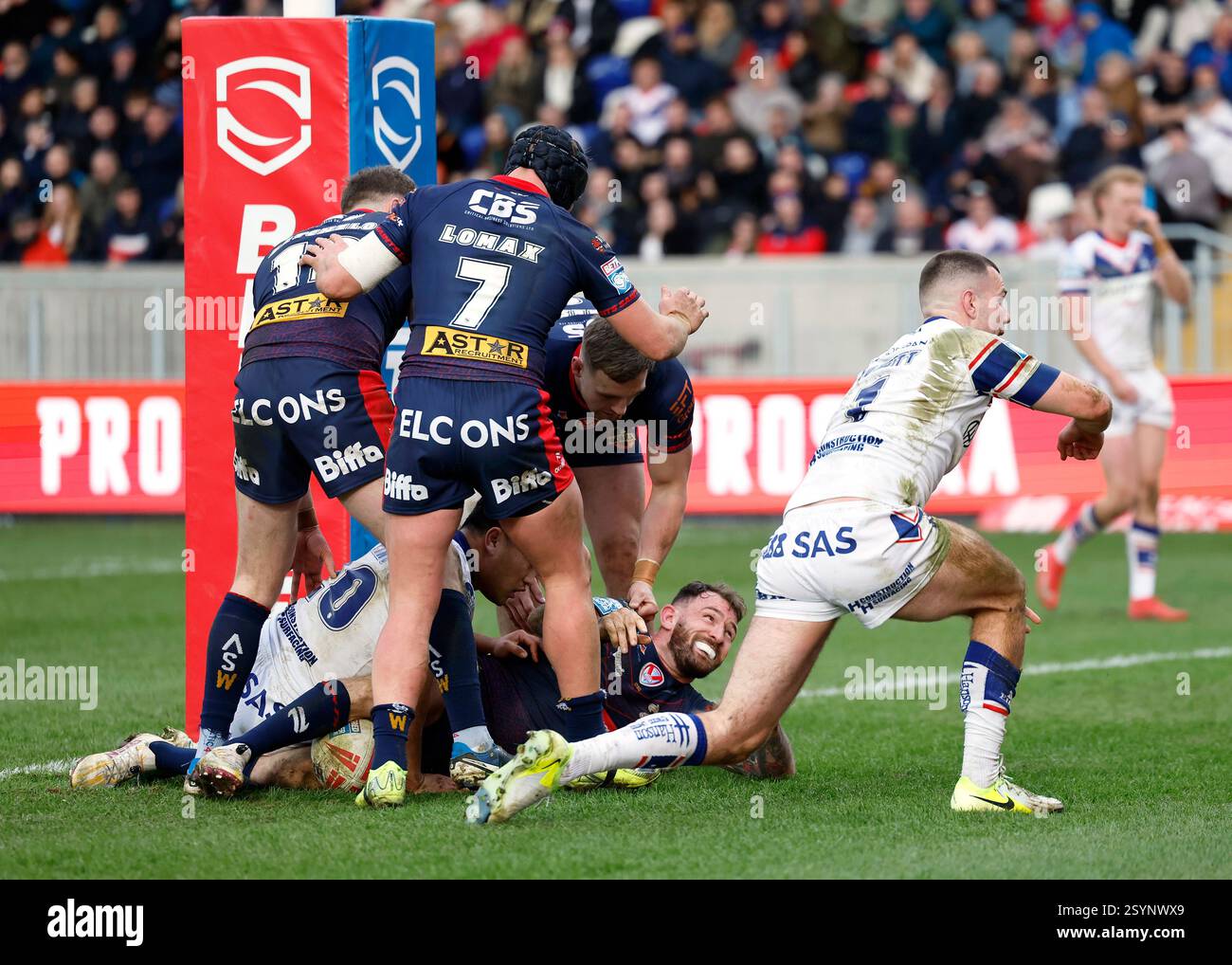 St Helens' Daryl Clark celebrates his try during the Betfred Super ...