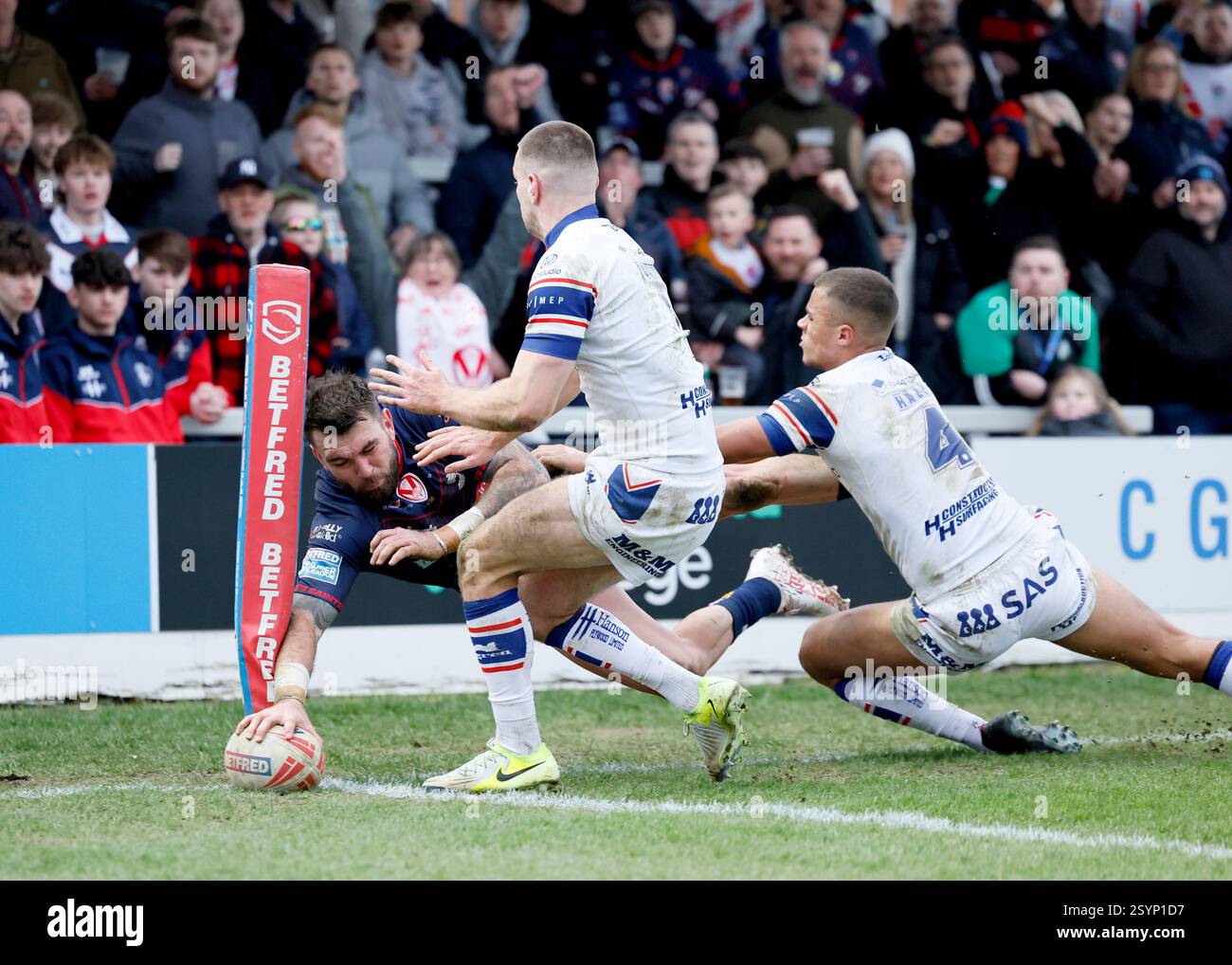 St Helens' Kyle Feldt scoring during the Betfred Super League match at ...