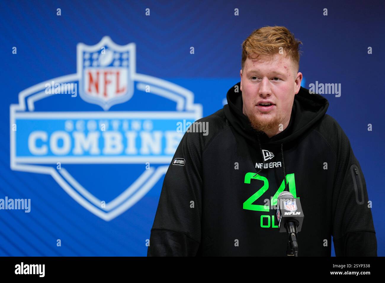Connecticut offensive lineman Chase Lundt speaks during a press ...