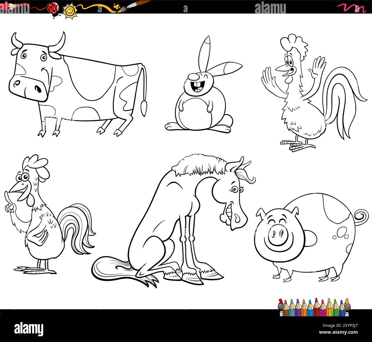 cartoon illustration of happy farm animal characters set coloring page ...