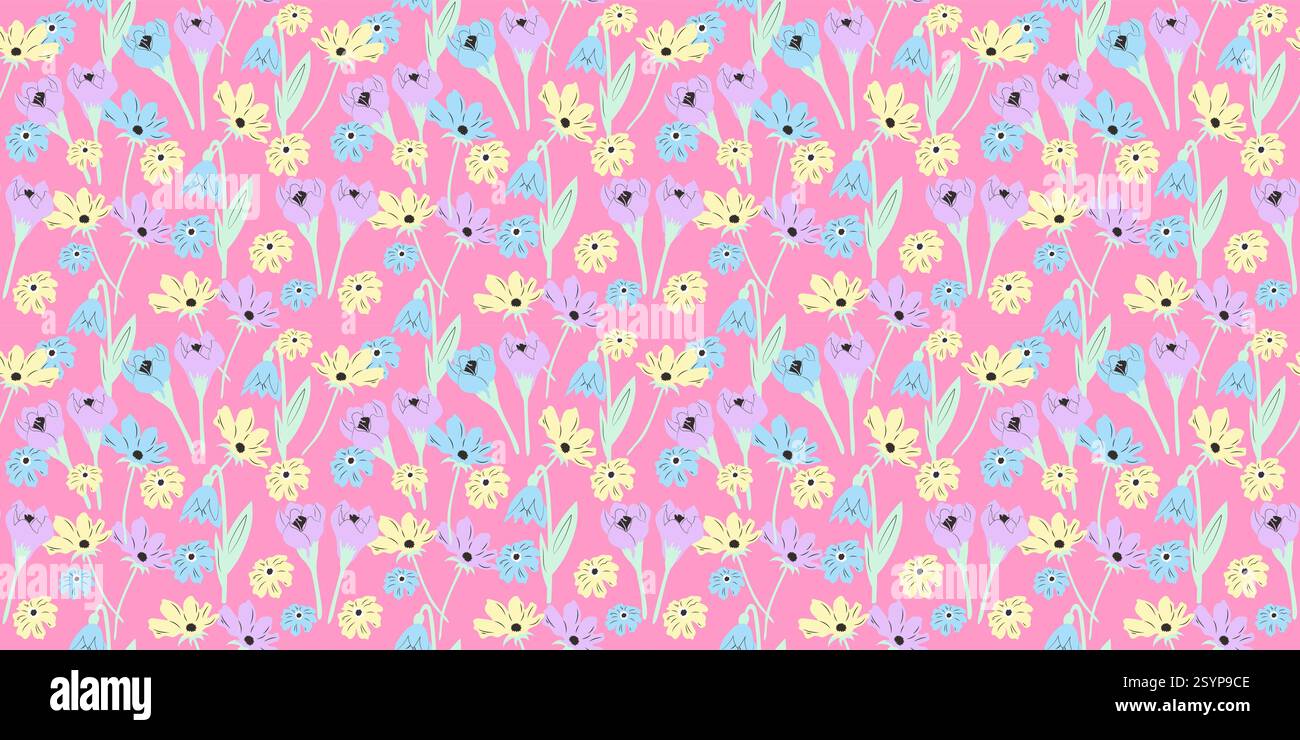 Colourful seamless pattern with handdrawn spring flowers on pink ...