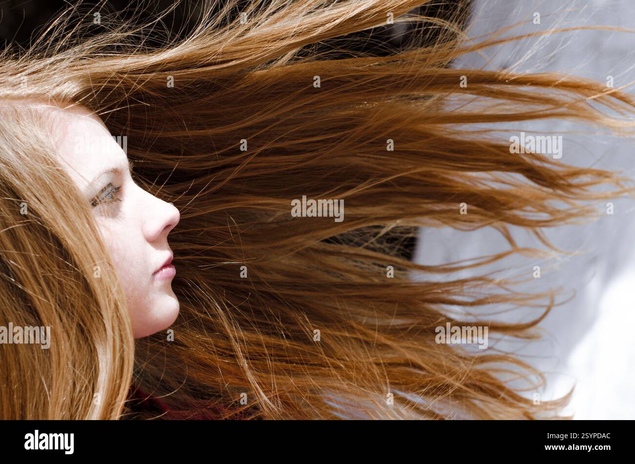 Young woman with long, flowing red hair caught in motion. Soft lighting ...