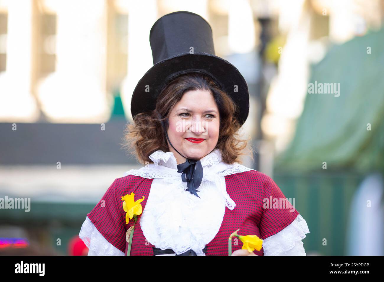 Cardiff, Wales, UK. 1st Mar, 2025. A woman wearing traditional Welsh ...