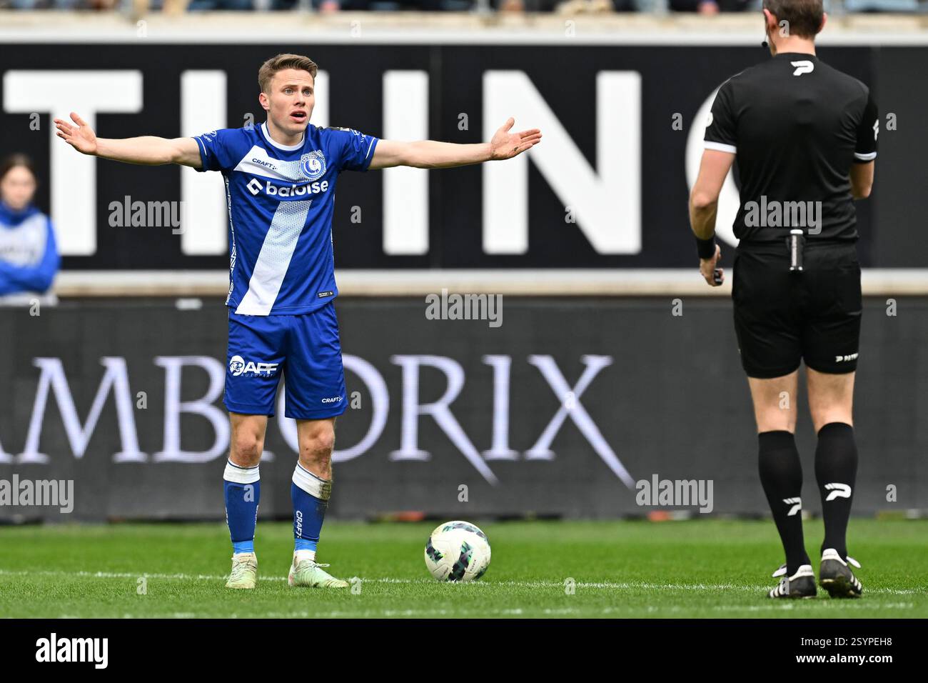 Matisse Samoise (18) of AA Gent reacts towards the referee during the ...