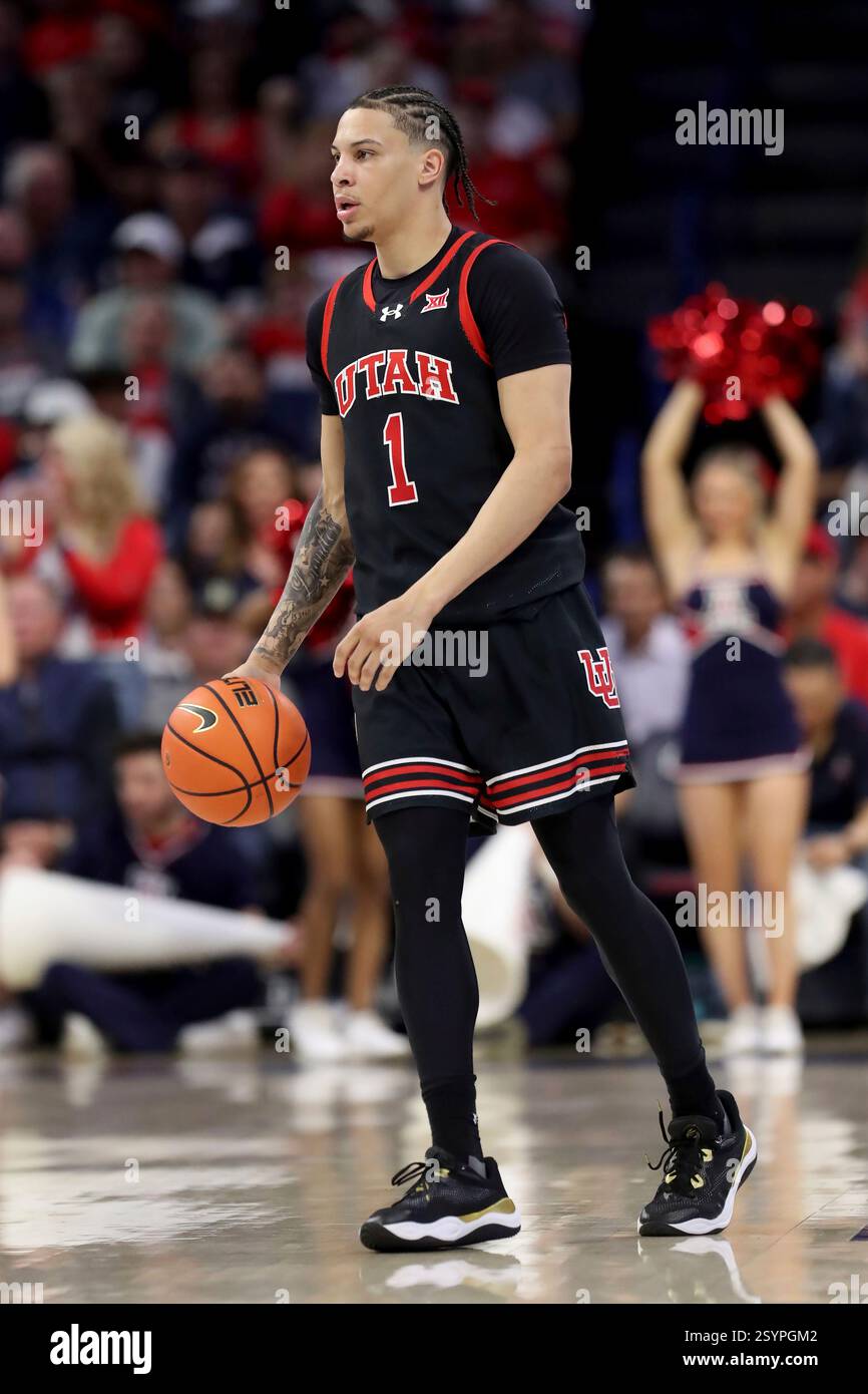 TUCSON, AZ - FEBRUARY 26: Utah Utes guard Miro Little #1 brings the ...