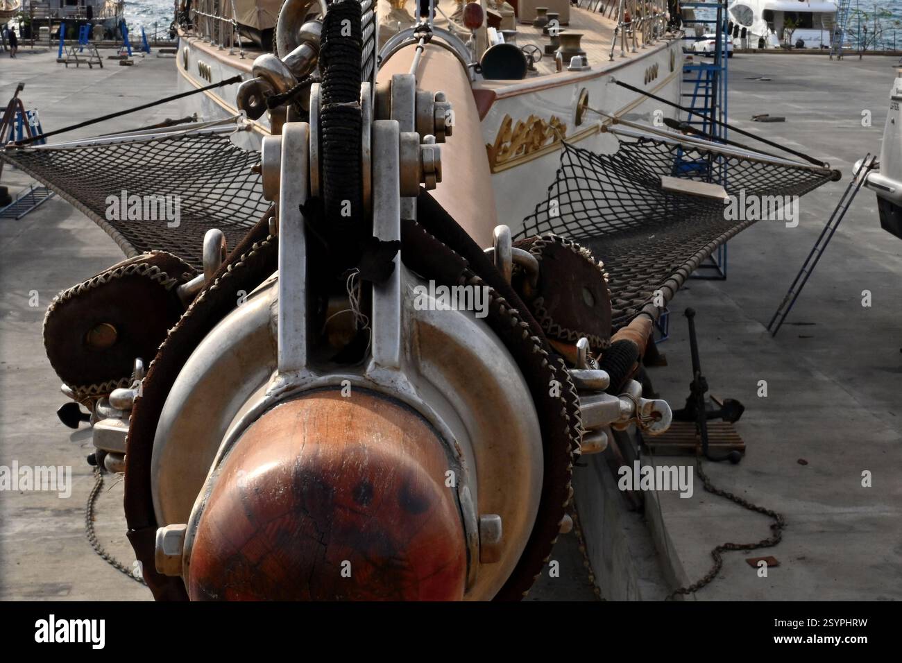 Top of the bowsprit of a white sailing vessel in Aganlar Marina and ...