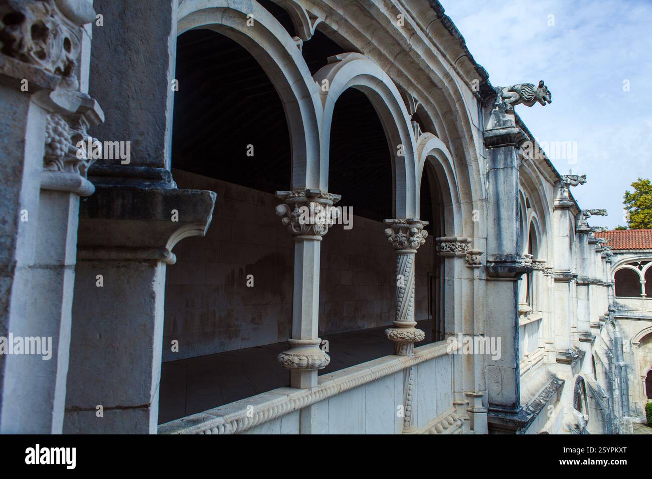 close-up view of a cloister arcade with intricately carved stone ...