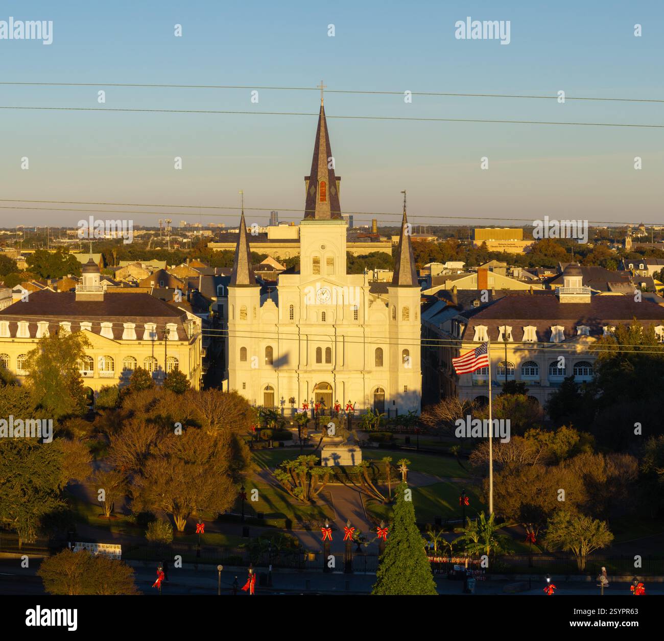 Aerial view of Jackson Square with Saint Louis Cathedral church and ...